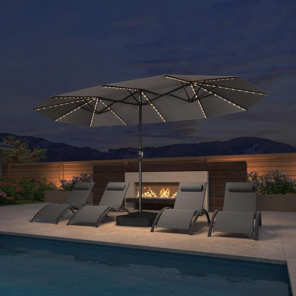 PURPLE LEAF 14 ft. Gray Aluminum Solar LED Lights Market Umbrella with ...