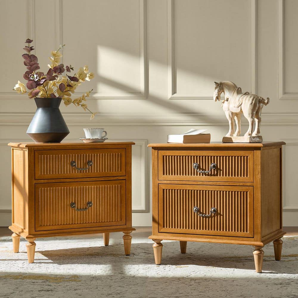 JAYDEN CREATION Weer Acorn Farmhouse Solid Wood 2-Drawer 23.6 in. W ...
