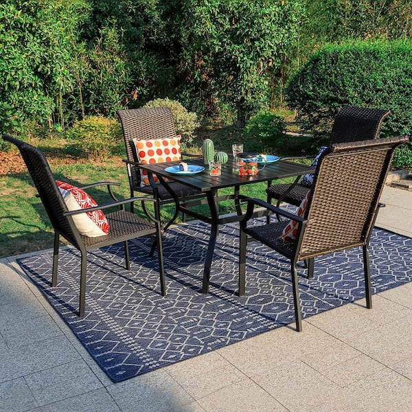 Black 5 Piece Metal Patio Outdoor Dining Set with Brown Rattan High Back Wave Arm Chairs