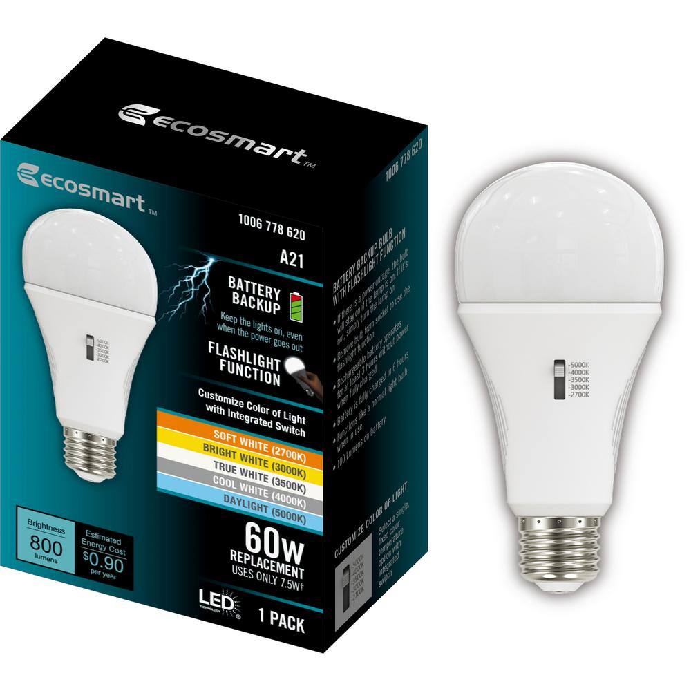 EcoSmart 60-Watt Equivalent A21 Dimmable CEC Battery Backup LED Light ...