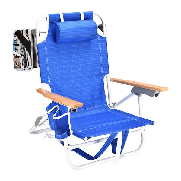 Angel Sar Blue Metal Adjustable Beach Chair with Cup Holders Beach ...