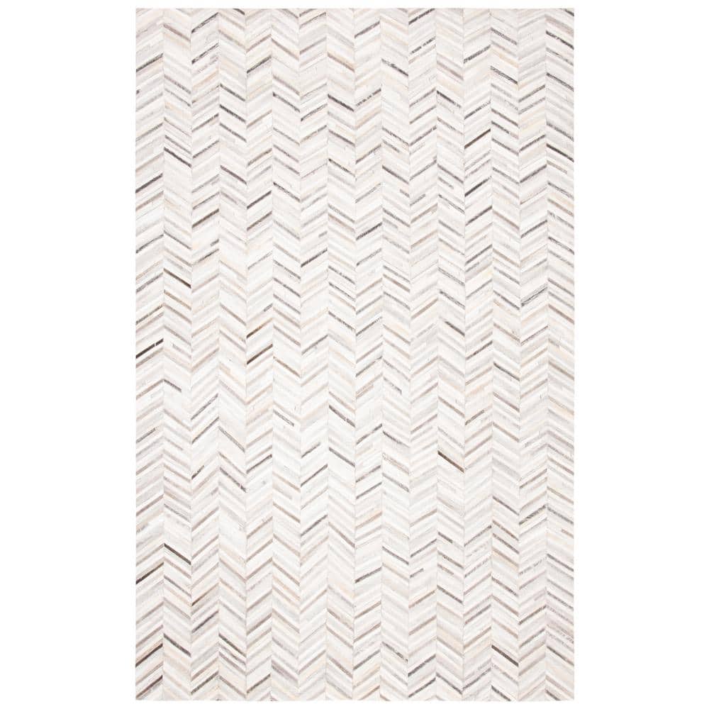 SAFAVIEH Studio Leather Ivory Grey 5 ft. x 8 ft. Geomtric Striped Area ...
