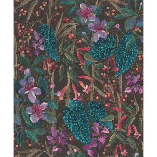 A-Street Prints Kalina Black Floral Fruits Wallpaper Sample 4202 ...