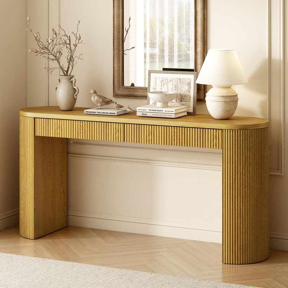 Harper & Bright Designs Vertical Striped Design 58.2 in. Natural Curved ...