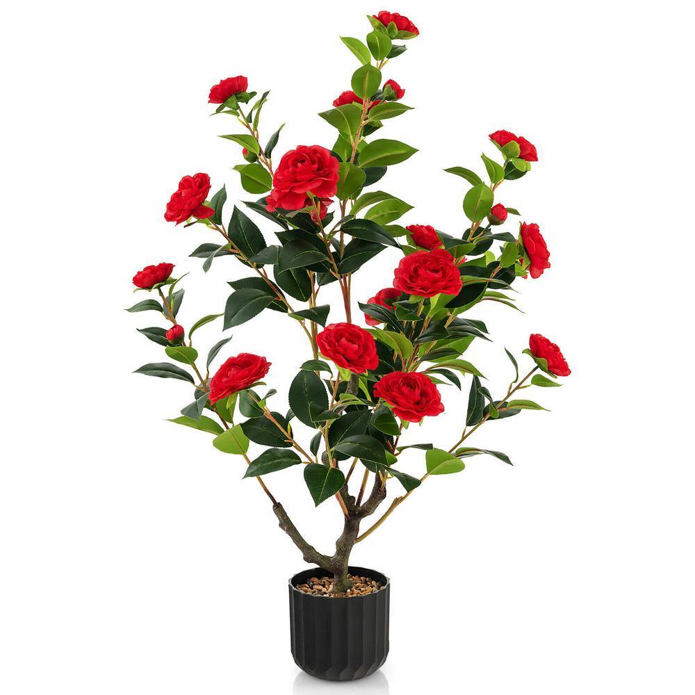 Gymax 38 in. Red Artificial Camellia Tree Topiary Faux Floral Plant ...