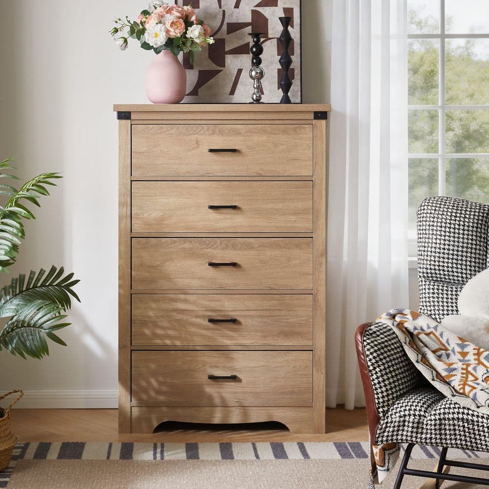 Noble House Nava Oak 5-Drawer 31.5 in. W Chest of Drawers with Metal ...