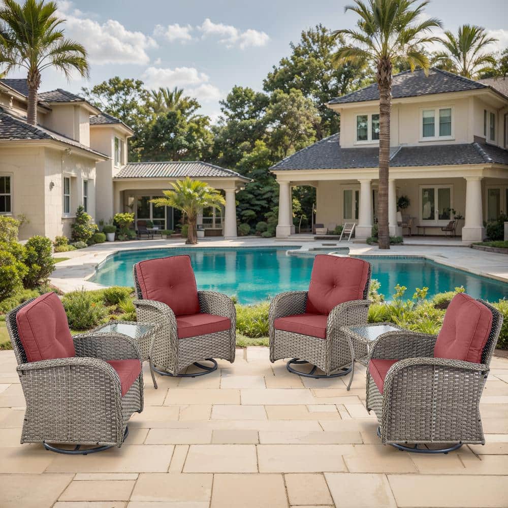 moosprr SleekArm 6-Piece Gray Wicker Outdoor Rocking Chair with Olefin ...