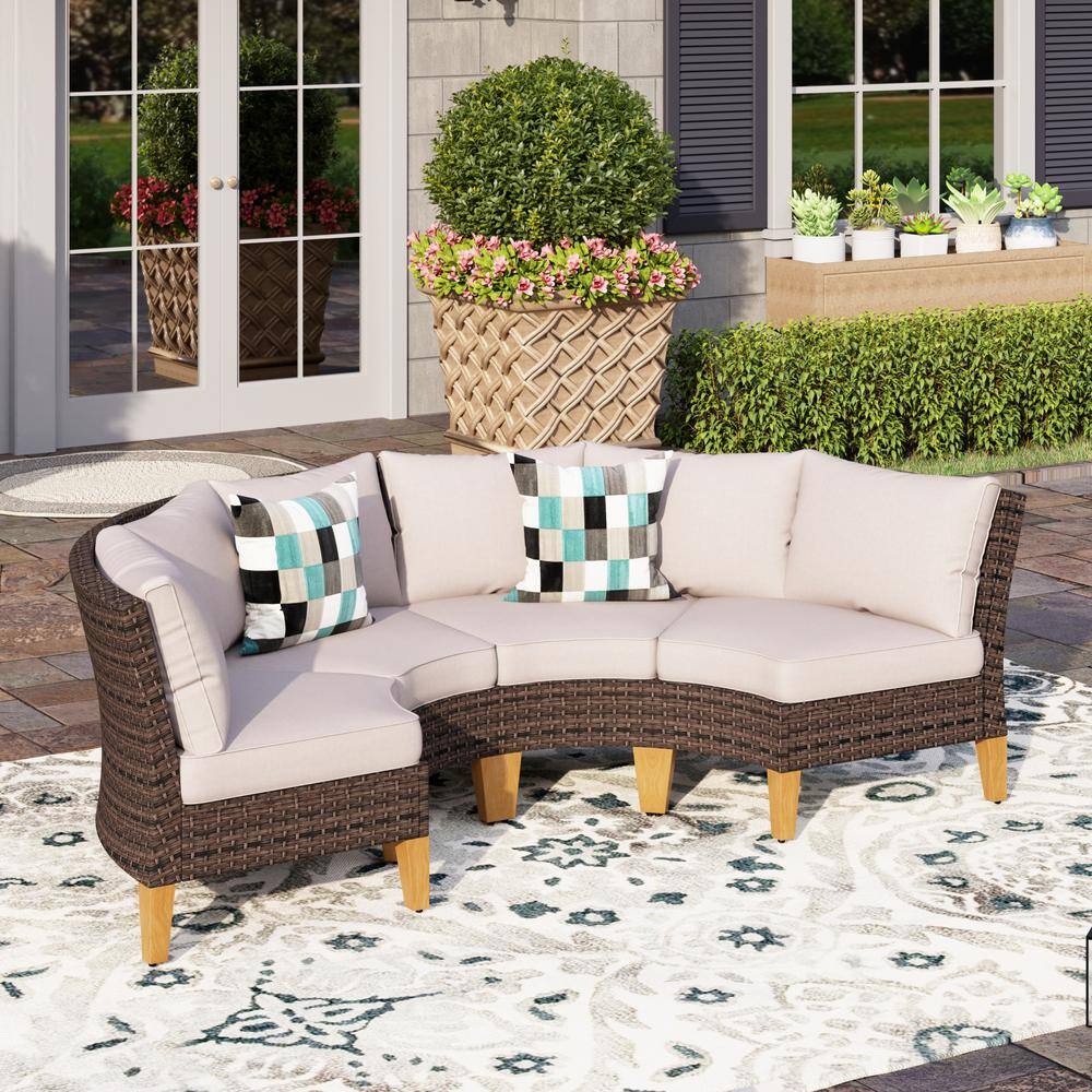 PHI VILLA Dark Brown Rattan Wicker Outdoor Patio Fan-Shaped Lounge ...