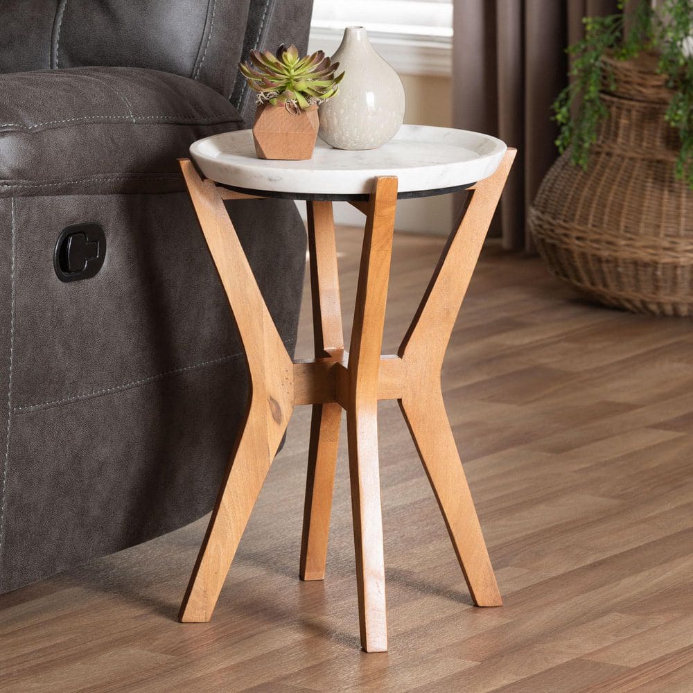 Baxton Studio Phaedra 16 in. White and Walnut Brown Round Marble End ...