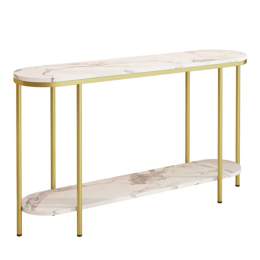 Karl home 42.13 in. White and Golden Oval MDF Console Table with Shelf ...