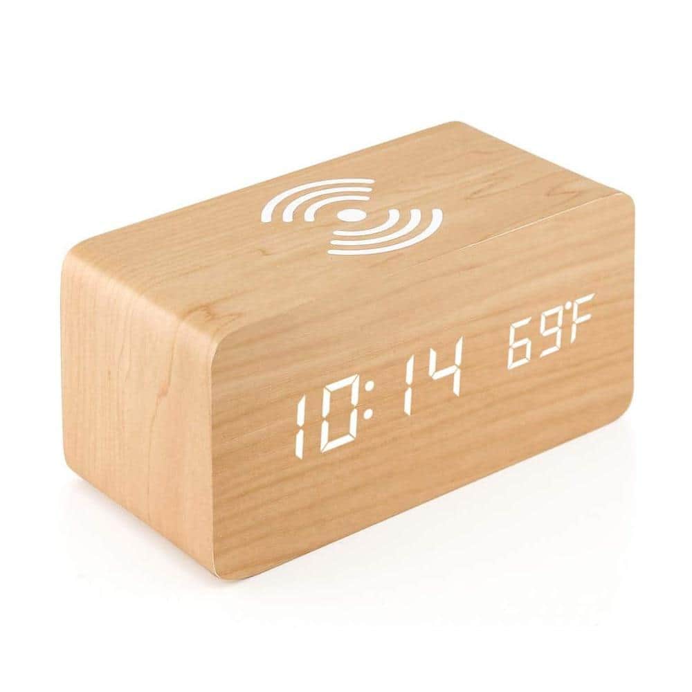 Afoxsos Wood Brown LED Digital Alarm Clock with Qi Wireless Charging ...