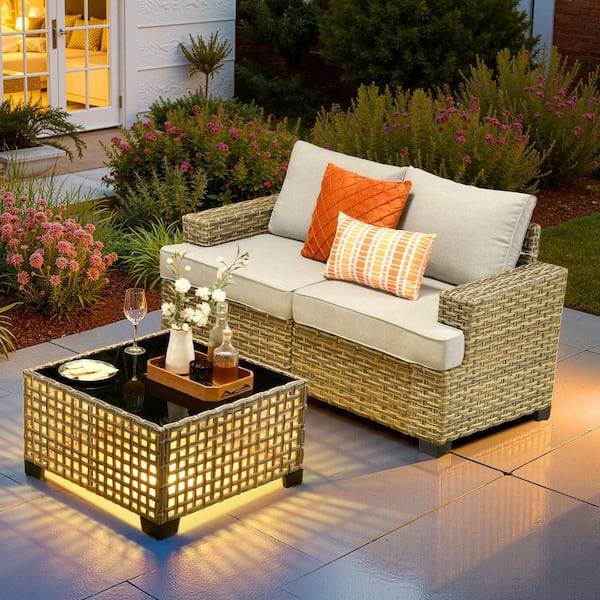 XIZZI Solstice Wicker Outdoor Couch with Light Gray Cushions and Coffee ...
