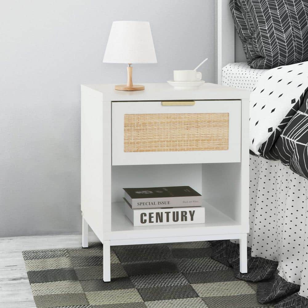 Natural Rattan 1 Drawer White Nightstand Bedroom Sofa Side Table Bedside Furniture 21.9 in. H x 17.8 in. W x 16 in. D