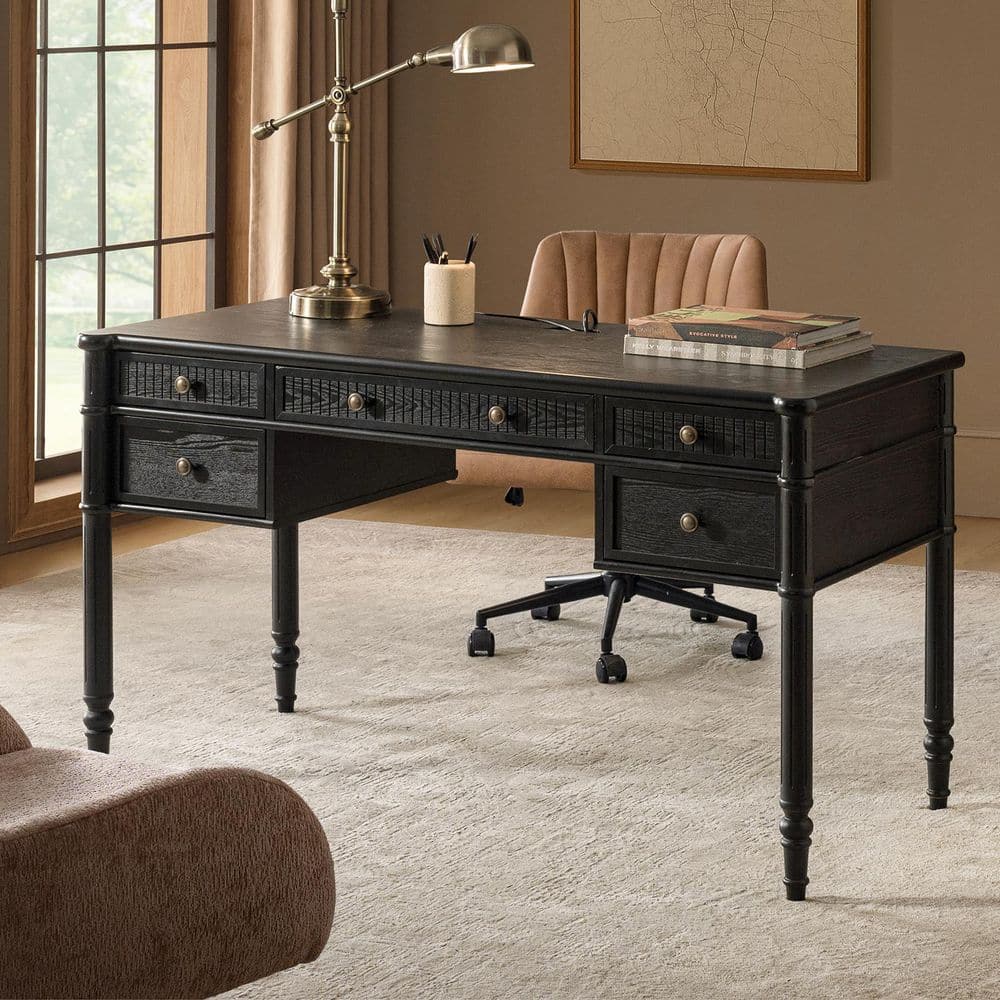 JAYDEN CREATION Roland 55 in. Rectangular Black Desk with Charging ...