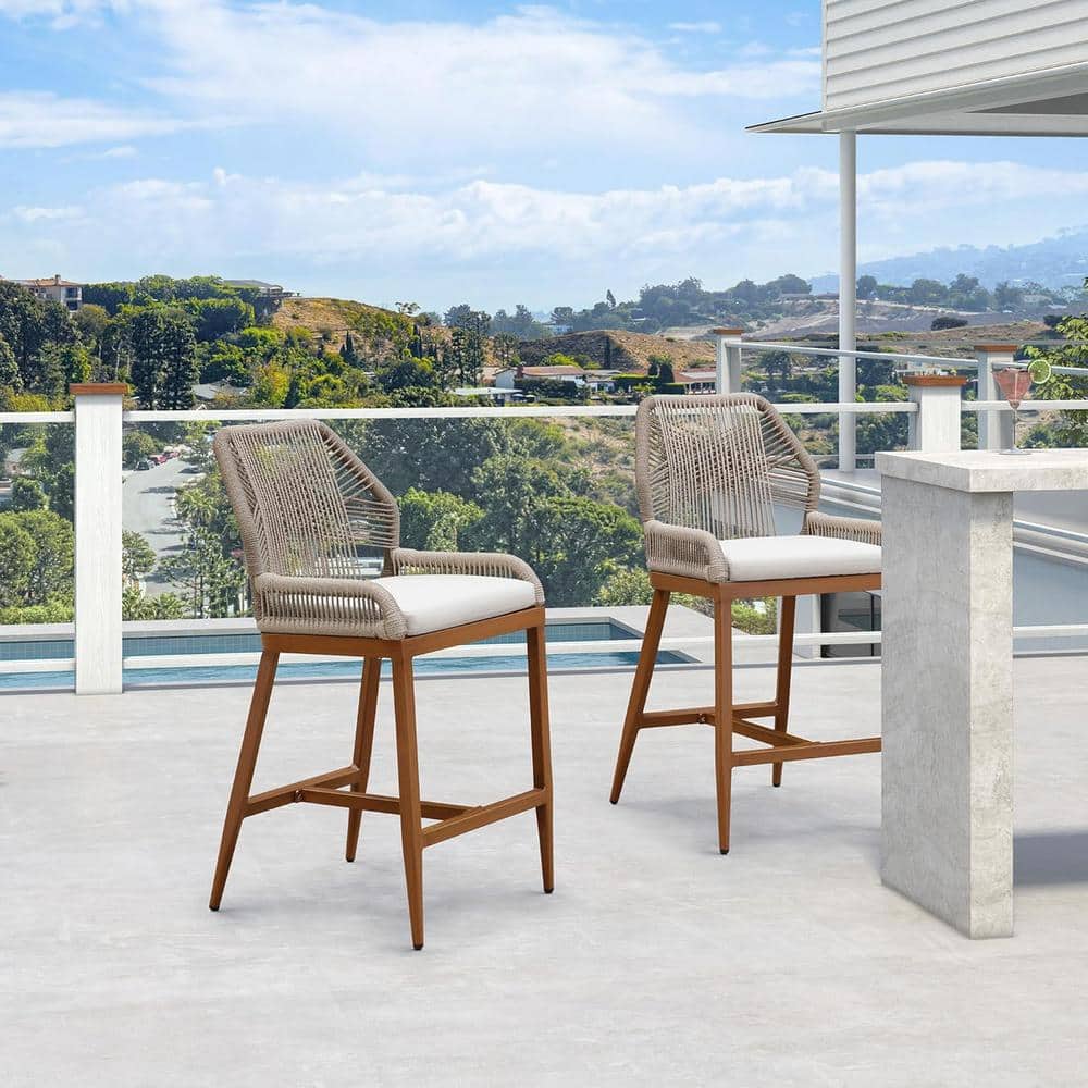 PURPLE LEAF Modern Aluminum Twill Wicker Woven Bar Height Outdoor Bar Stool with Back and ...