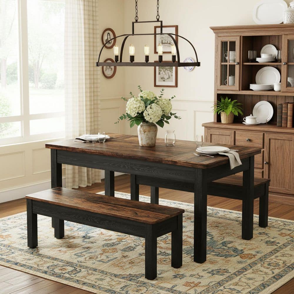 BYBLIGHT 3-Piece Rectangle Black and Brown Wood Top Dining Room Set ...