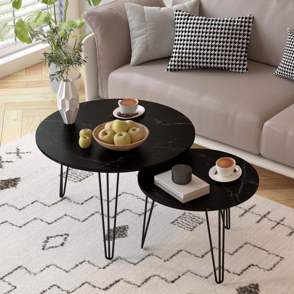 Sudzendf Black 27.56 in. Round Nesting Coffee Table (Set of 2), with Round Marble Tabletop and ...