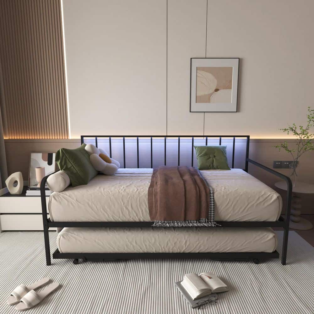 ANBAZAR Black Metal Twin Size Daybed Frame with Charging Station and ...