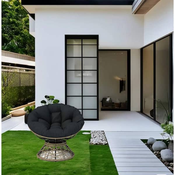 40 in. Ergonomic Wicker Outdoor Rocking Chair with Black Cushion, High ...