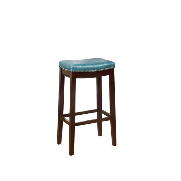 Benjara 32 in. H Blue and Brown Wooden Bar Stool with Faux Leather ...