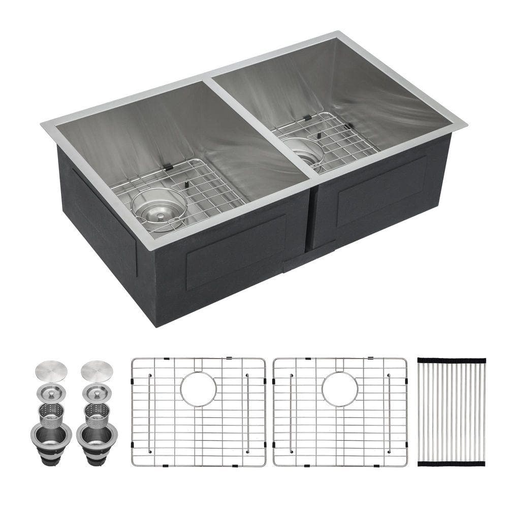 LORDEAR 33 in. x 19 in. Double Bowl (50/50) 16 Gauge Stainless Steel ...