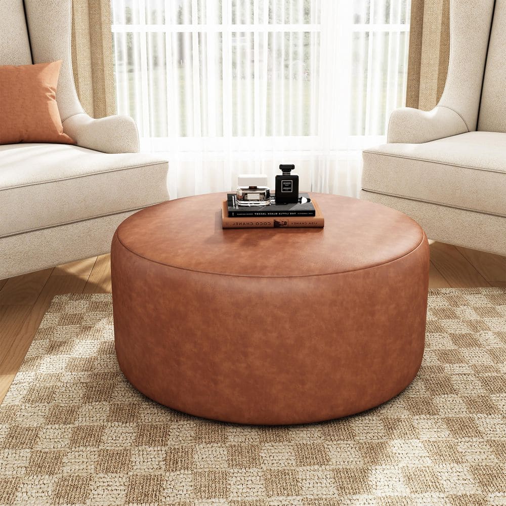 CHRISTOPHER KNIGHT HOME Cognac Brown PU Faux Leather Modern Round ...