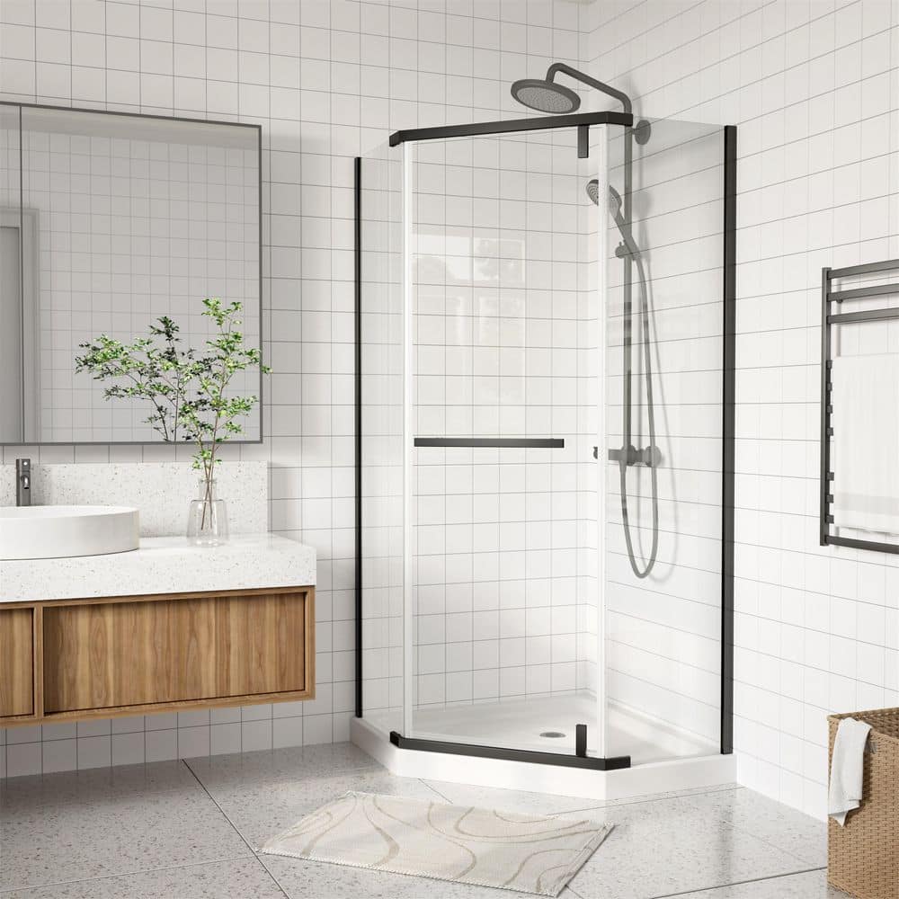 imperiol 36 in. W x 72 in. H Neo Angle Pivot Frameless Corner Shower Enclosure in Matte Black ...