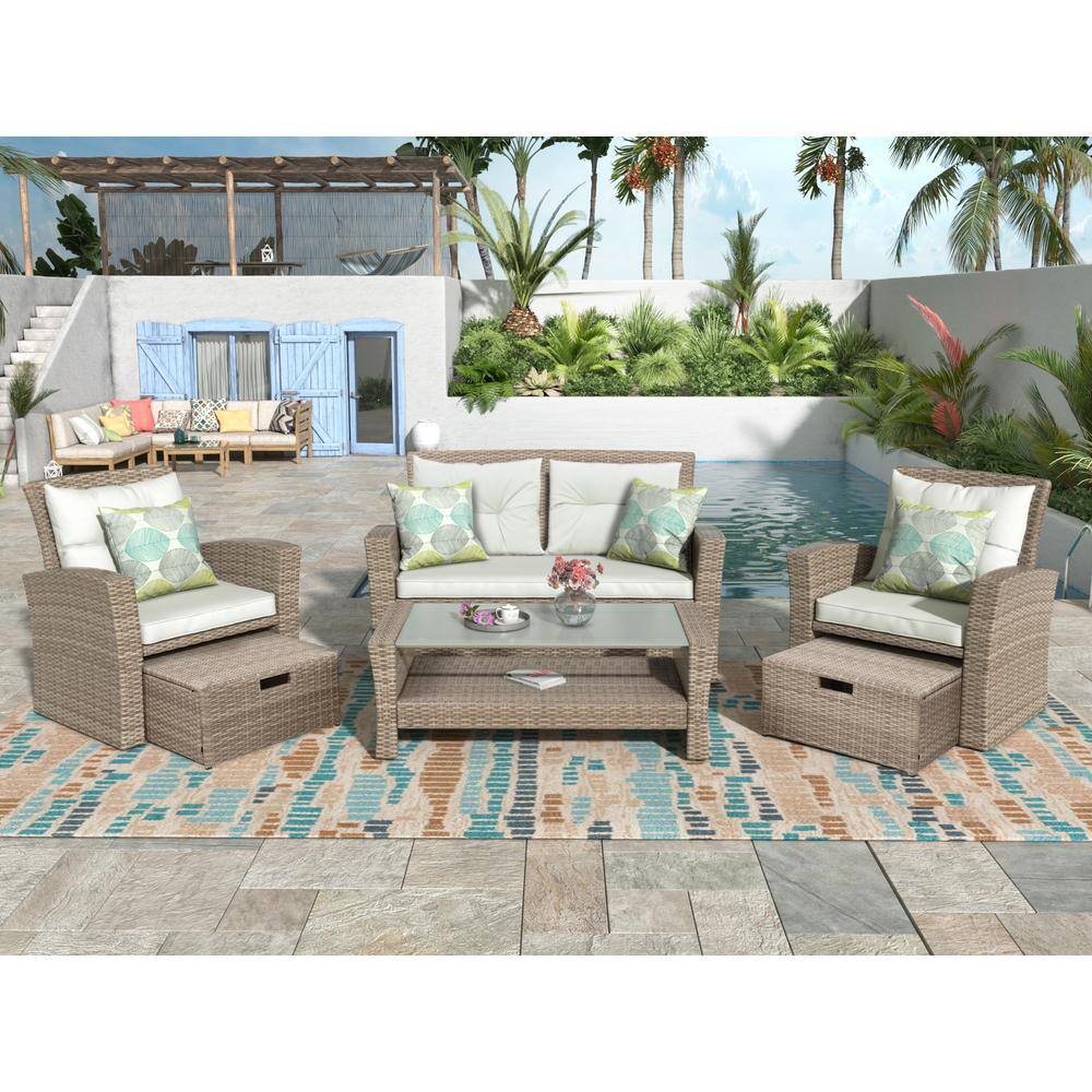 OLUMAT 4-Piece Wicker Patio Conversation Set with White Cushions and A ...