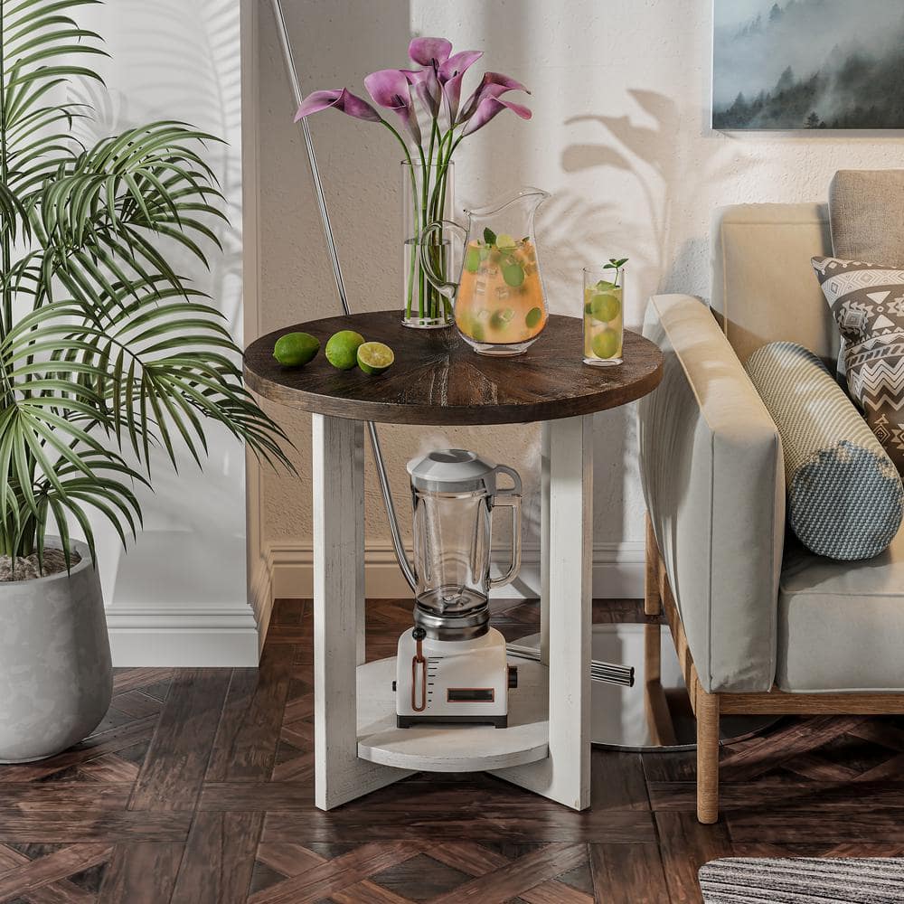 FUIN Rustic Farmhouse 24 in. Brown Round Wood End Table with Distressed ...
