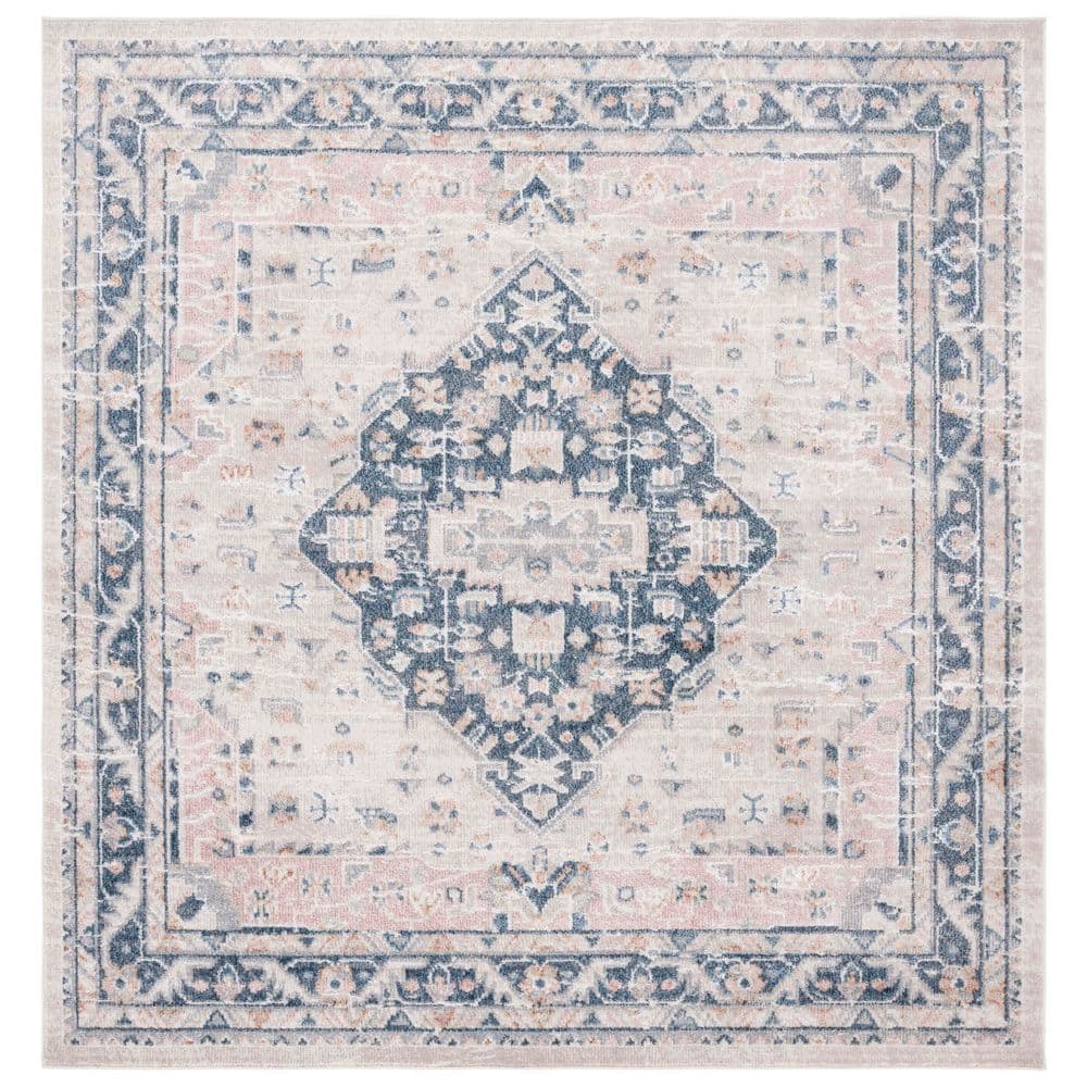 SAFAVIEH Blair Beige/Navy 7 ft. x 7 ft. Machine Washable Medallion ...