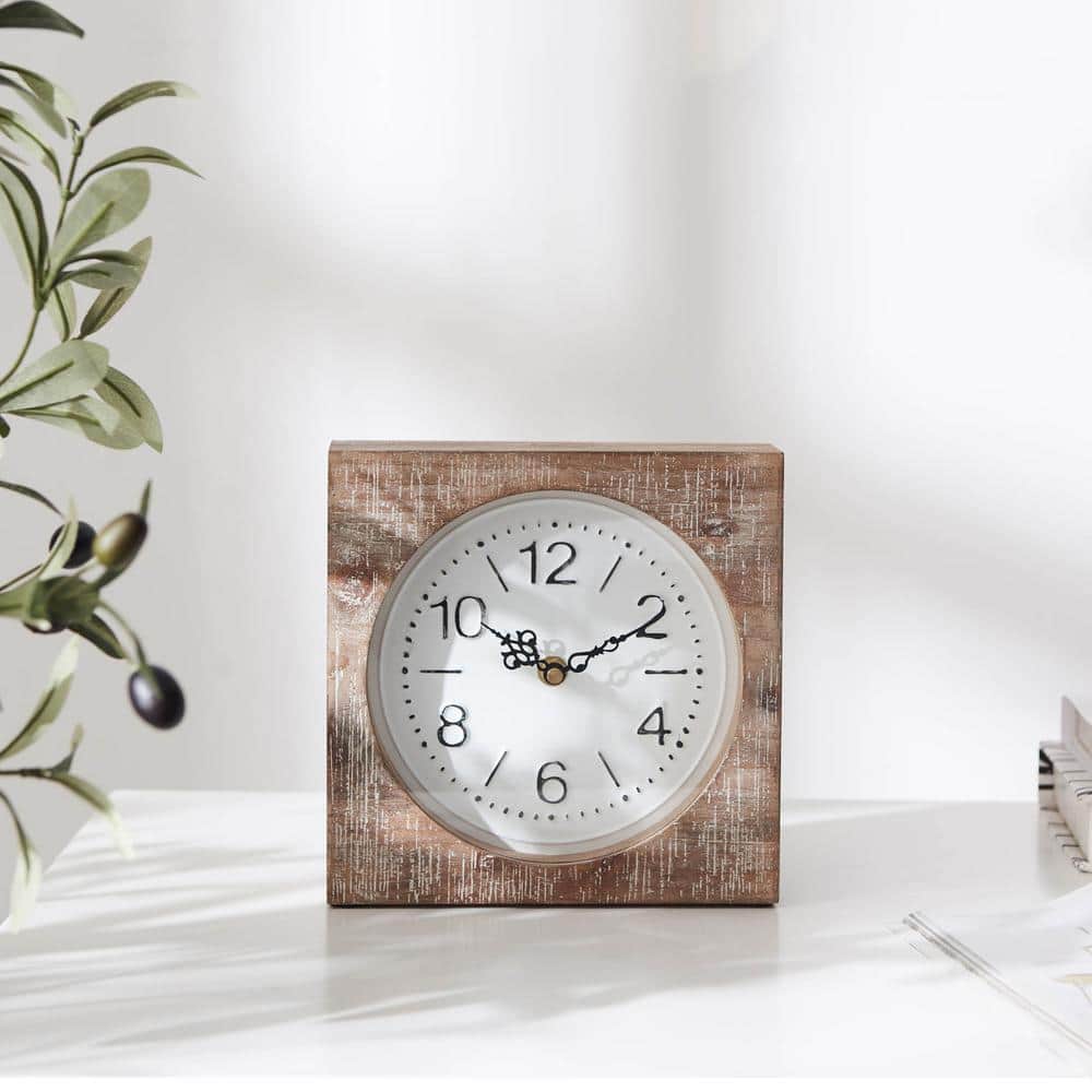 HEMSLY INC Square Modern Farmhouse Tan Wood and Metal Table Clock 11313 ...