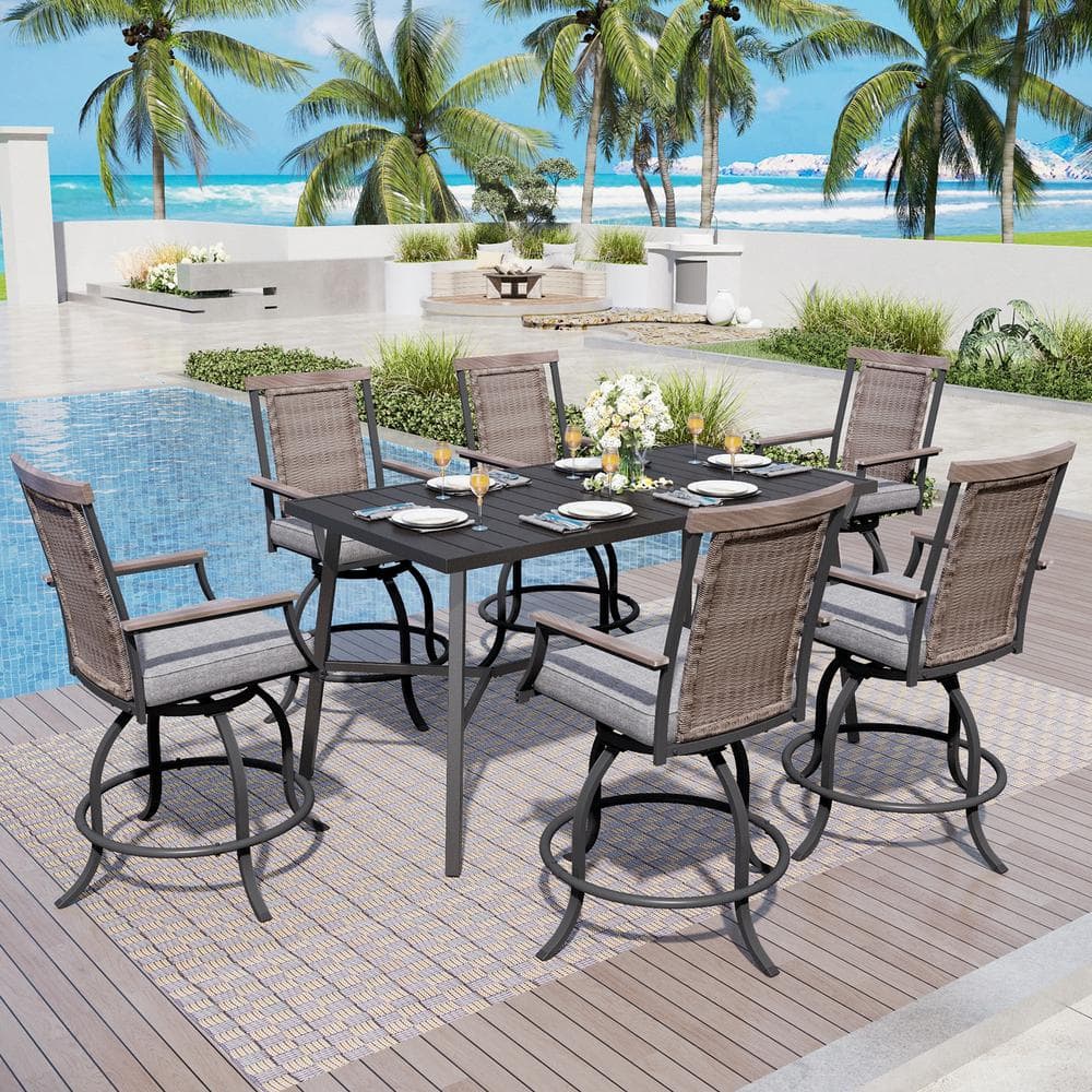 PHI VILLA 7-Piece Metal Bar Height Outdoor Dining Set with Rectangle ...