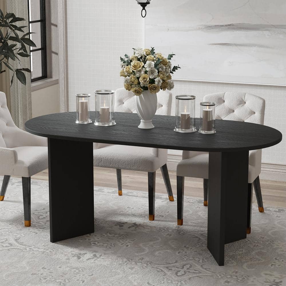 Have a question about Brix Modern Oval Black Wood Top 67 in. Double Pedestal Base Dining Table ...