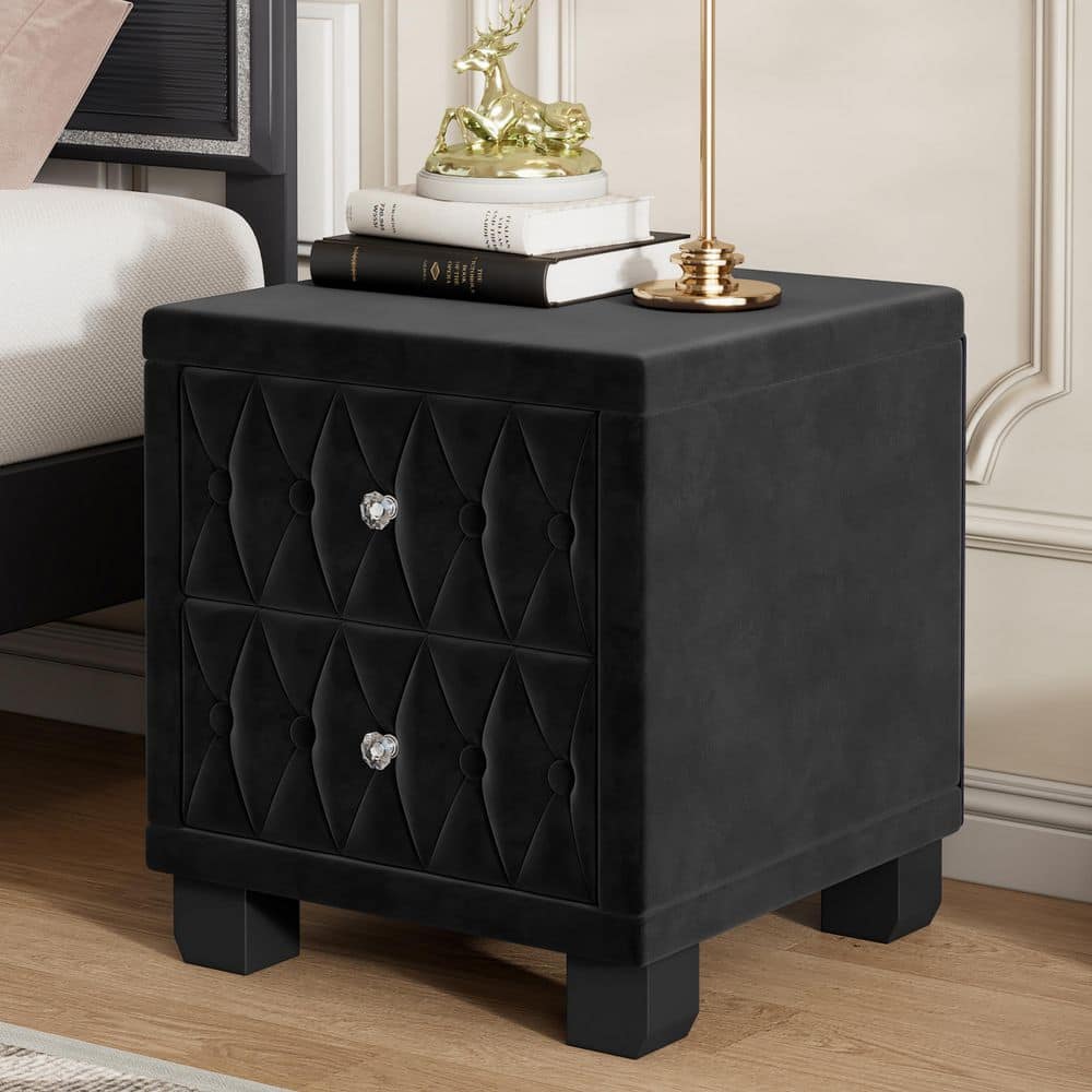 Harper & Bright Designs Elegant Black 2-Drawer Velvet Button-Tufted ...