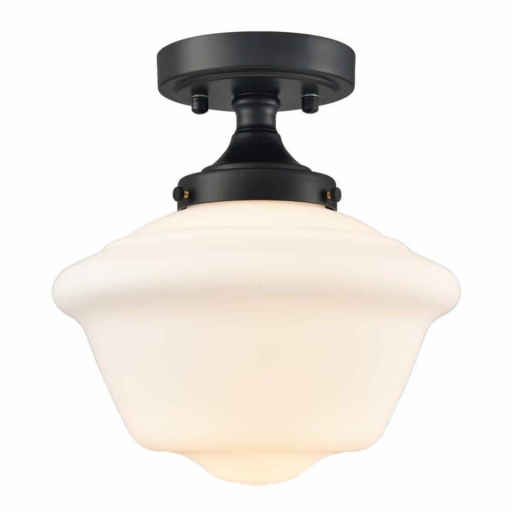 CLAXY 9.8 in. 1-Light Black Modern Semi-Flush Mount with Frosted Glass ...