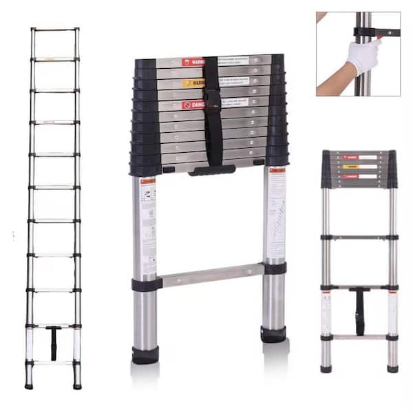 WRIGHTMASTER 10.5 ft. Telescoping Stainless Steel Extension Ladder ...