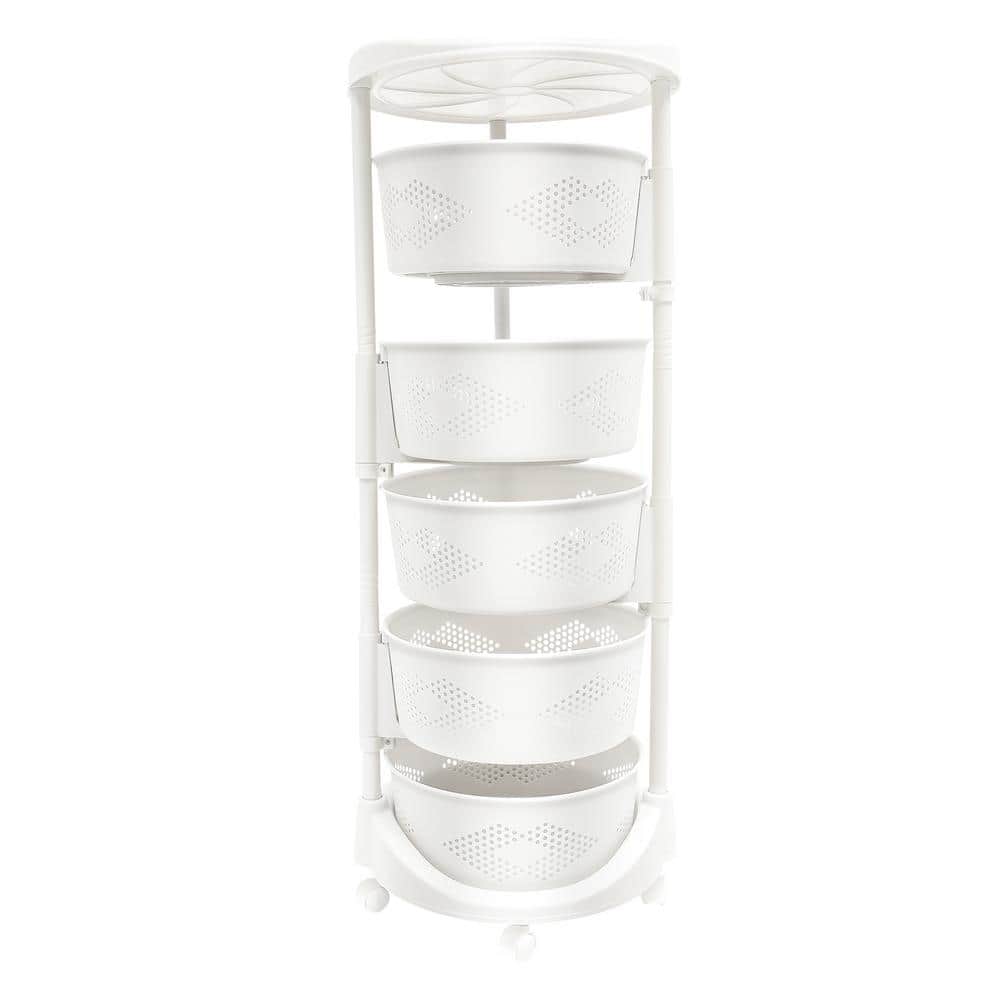 YIYIBYUS White Rolling 5-Tier Plastic PP Storage Basket Shelving Unit ...