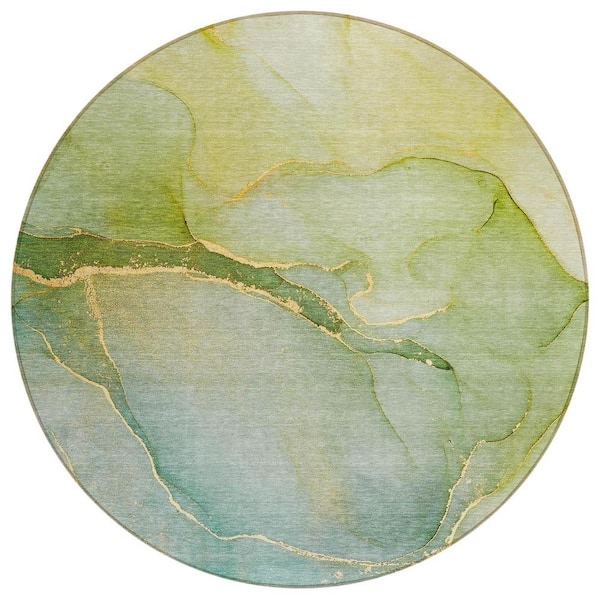 HomeRoots Green 8 ft. Round Abstract Indoor / Outdoor Area Rug ...