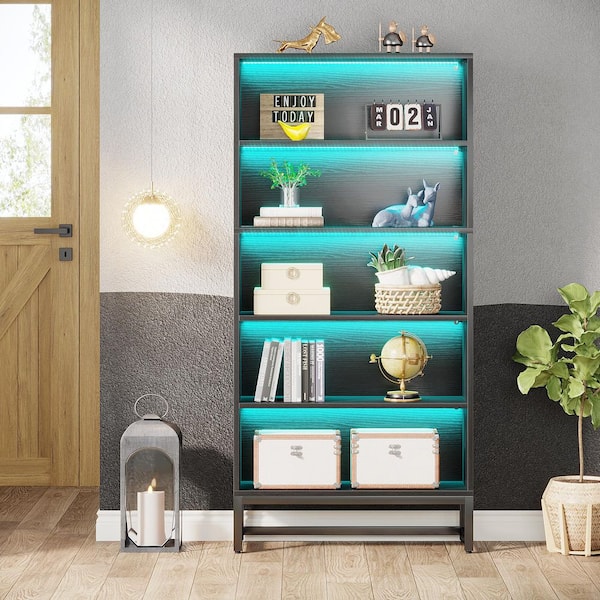 BYBLIGHT Eulas 70.8 in. Tall Black Wood 5-Shelf Standard Bookcase with ...