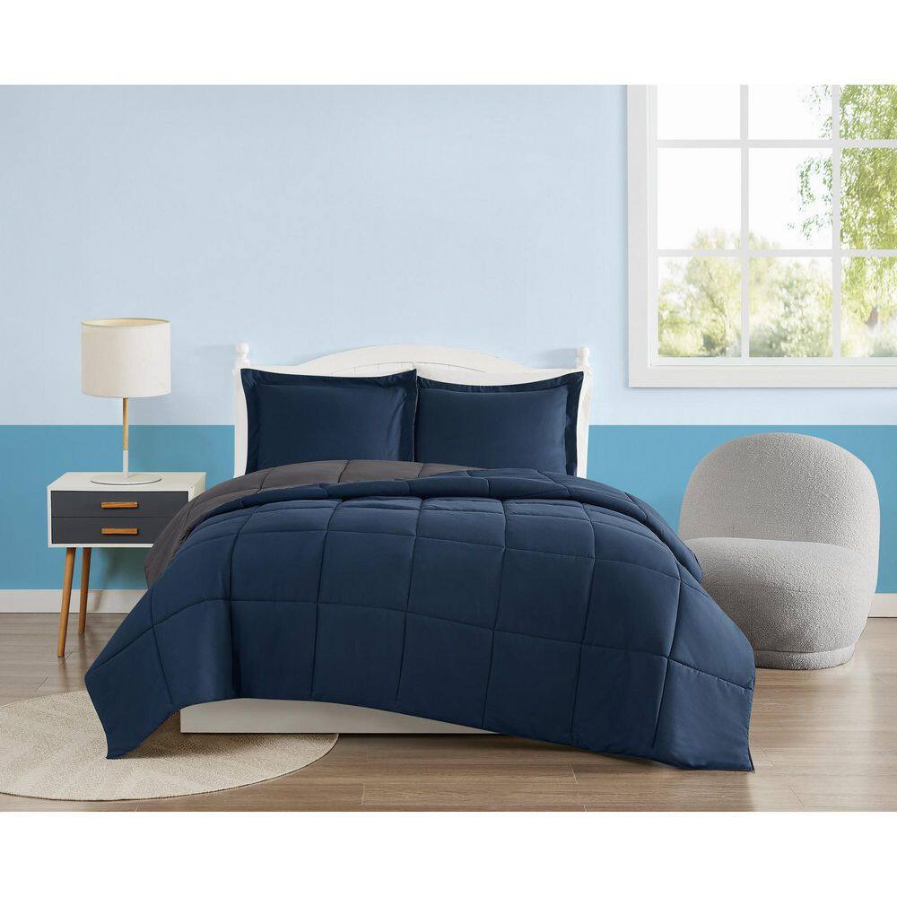 My World Solid Dark Blue and Dark Grey 3 Piece Full/Queen Microfiber ...