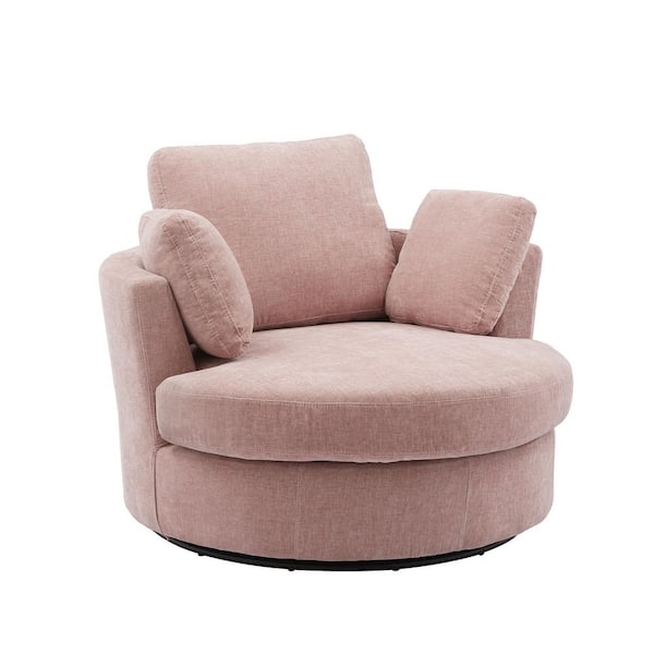 Pink 360° Swivel Chenille Accent Barrel Chair with 3 Pillows D ...