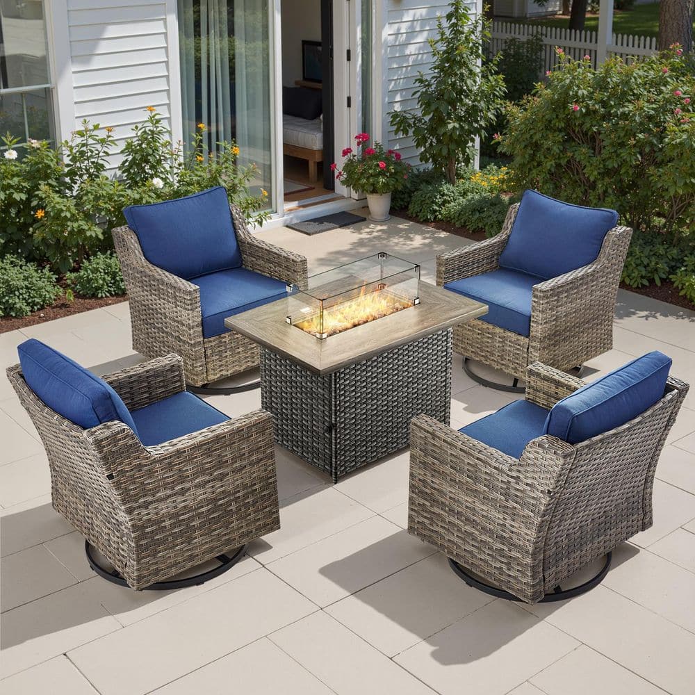 moosprr GlideRail Gray Wicker Fire Pit Conversation Set with Blue ...