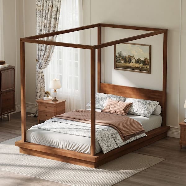 Harper & Bright Designs Modern Brown Wood Frame Queen Size Platform Bed ...