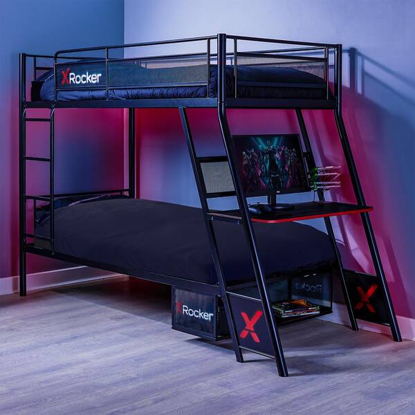 X Rocker Armada Twin Over Twin Gaming Bunk Bed with Built in Gaming Desk Black