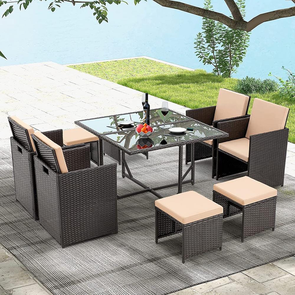Zeus & Ruta Beige 9-Piece Wicker Outdoor Dining Set with Space Saving ...