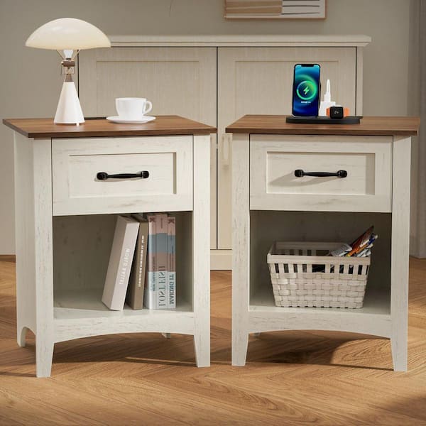 Hommpa Farmhouse Rustic White 1-Drawer 17.7 in. W Nightstand with ...