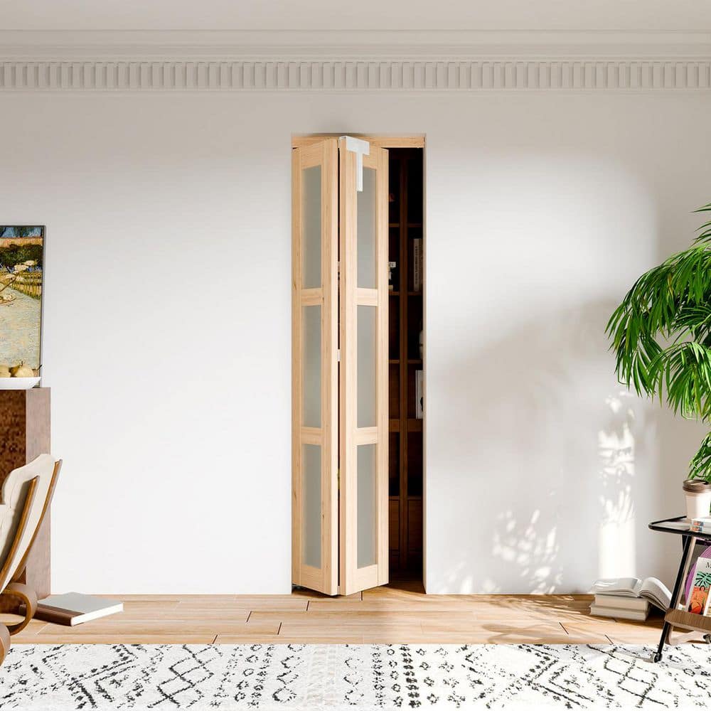 TENONER 24 in. x 80 in. 3 Lite Frosted Glass Solid Core Light Brown Pine Wood Bi-fold Door with ...