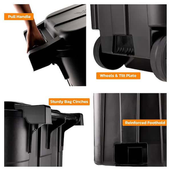 HDX 45 gal. Black Heavy Duty Outdoor Trash Can with Wheels and Attached Lid 999-2445W - The Home ...