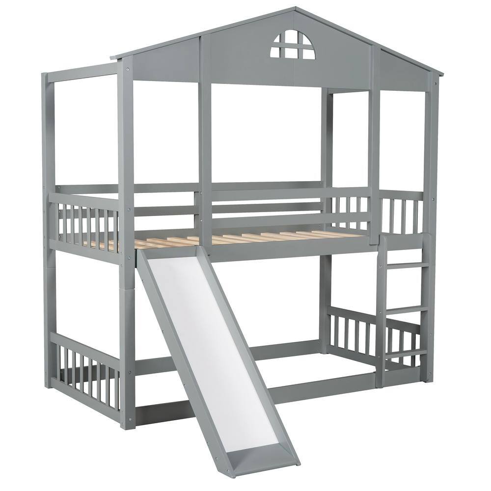 Angel Sar Gray Wood Twin over Twin House Bunk Bed with Convertible ...