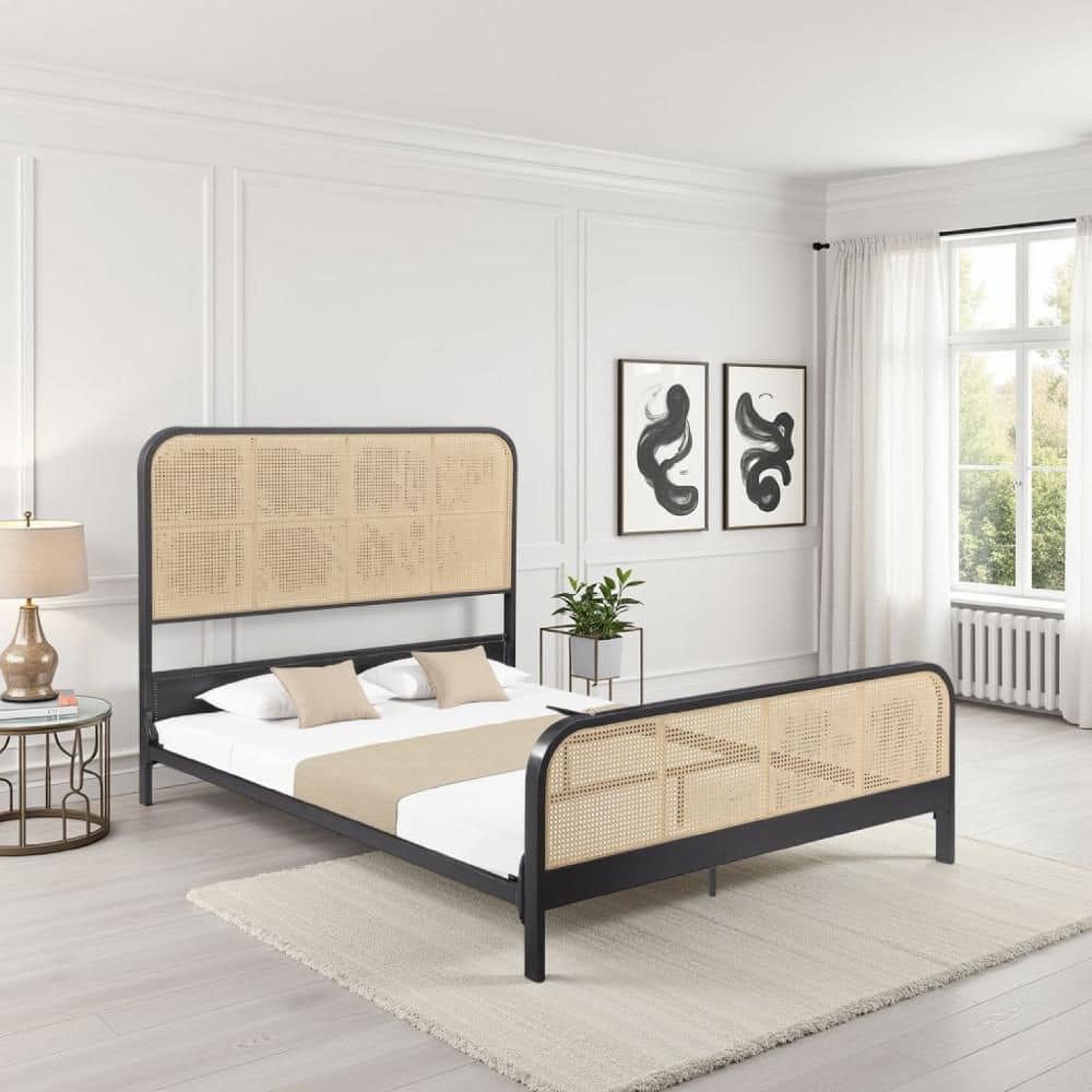 Benjara Lanie Black and Brown Metal Frame Queen Size Panel Bed with ...